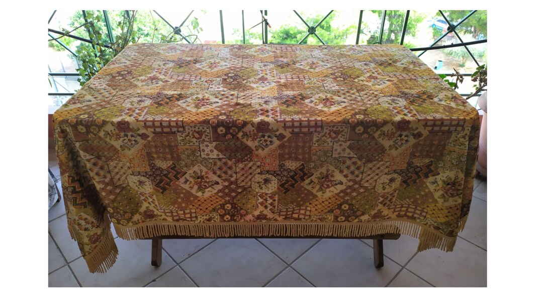 Greek From 70s Velvet Tablecloth Rectangle With Fringe Vintage Floral ...
