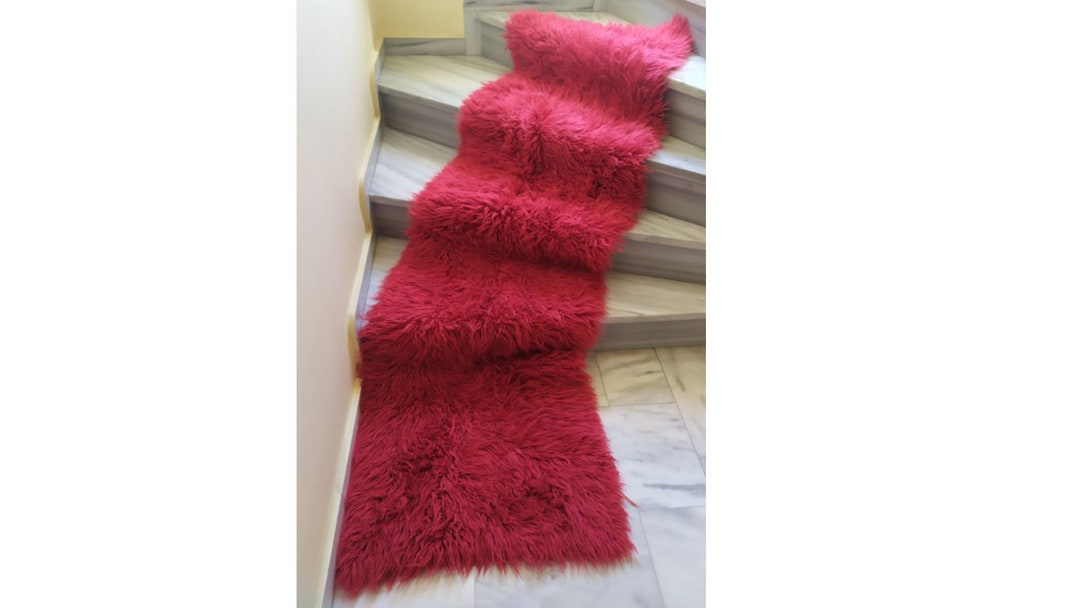 Greek 80's Red Handwoven Loom Flokati Woolen Organic Runner Rug ...