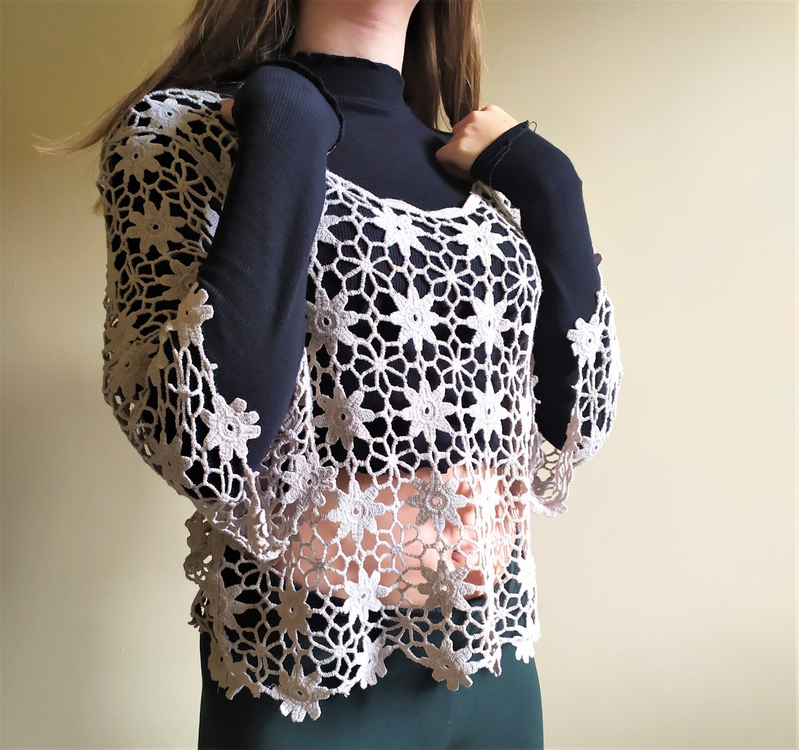 On Gray Color Crop Top Crochet See Through From Lace Cotton Festival ...