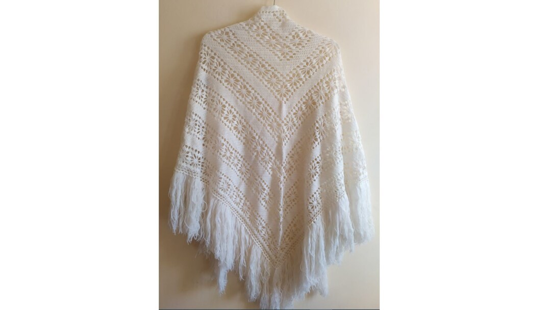 Greek Vintage From 70's White Wrap Shawl Handmade Crocheted With Long ...