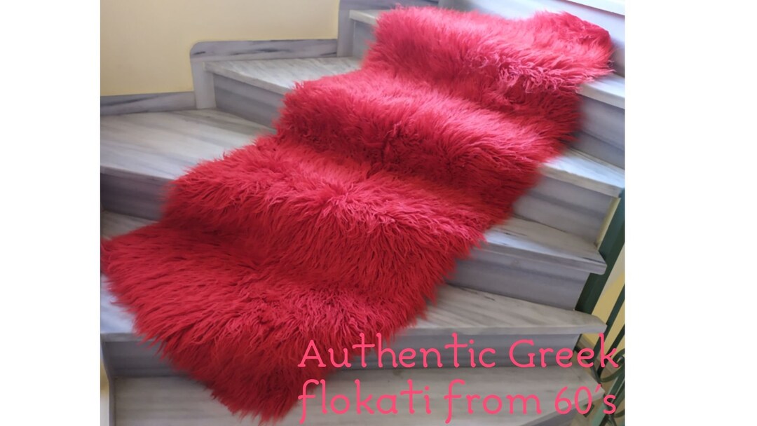 Woven Greek 80's Sweet Red Handwoven Loom Flokati Woolen Organic Runner ...