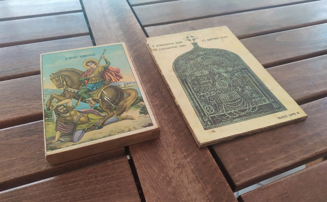 2 Pieces 70s Holy Icons Depicting Churches on the Greek Island of Tinos ...