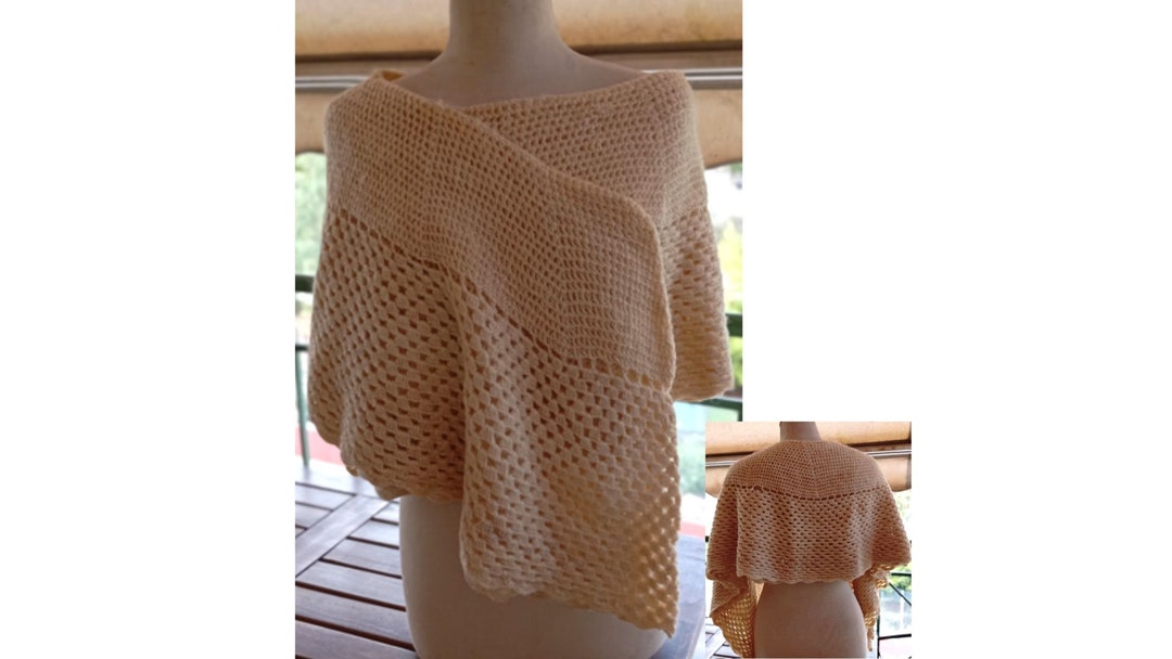 Greek Vintage From 80's Woolen Beige Wrap Shawl Handmade Crocheted From ...