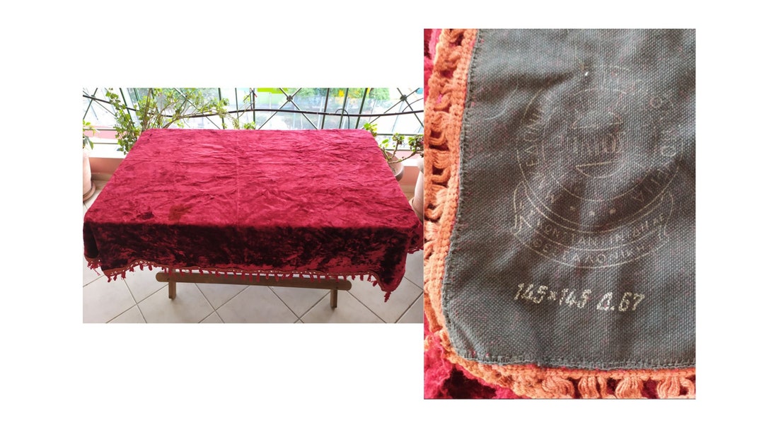 Greek From 70s Velvet Tablecloth Rectangle With Fringe Vintage Burgundy ...