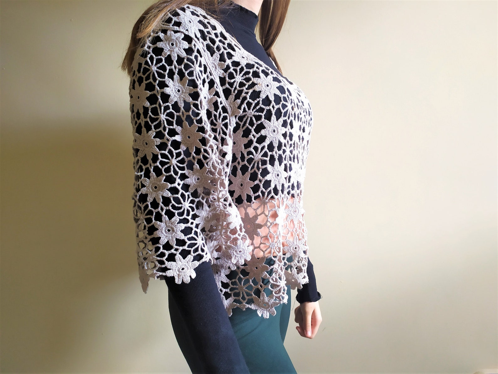 On Gray Color Crop Top Crochet See Through From Lace Cotton Festival ...