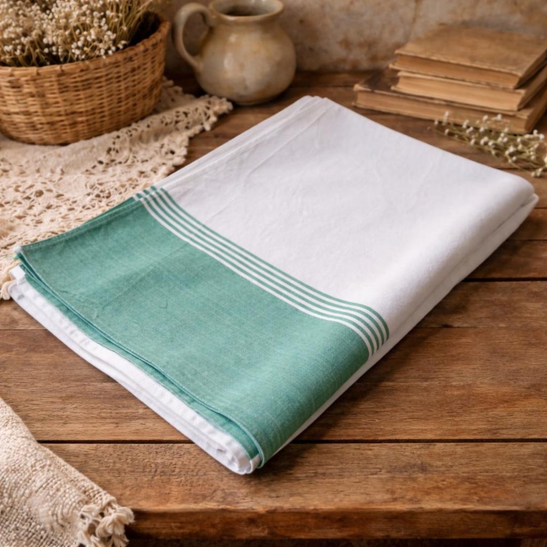 50s Greek Woven Cotton Antique Sheet, Green Stripe Textile - Etsy