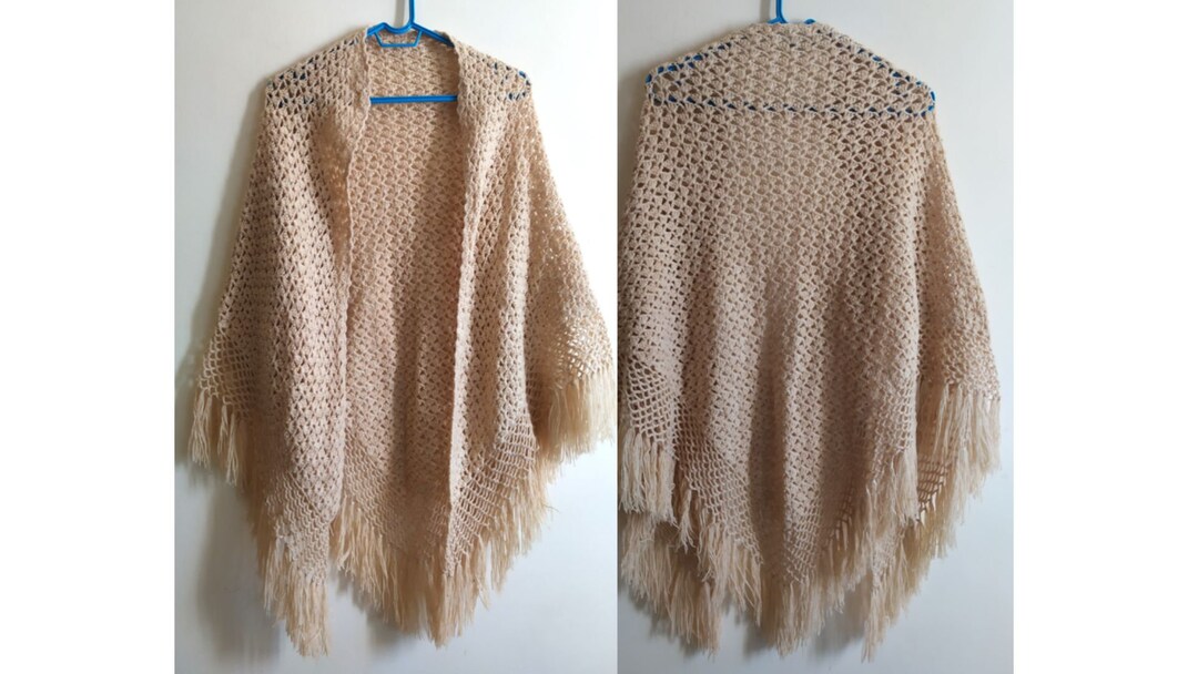 Greek Vintage From 80's Beige Wrap Shawl Handmade Crocheted With Long ...