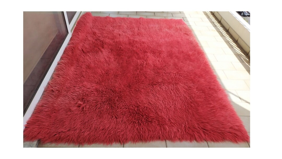 Authentic Greek 60's Handwoven Rug: Red Vintage Flokati, Organic Wool ...