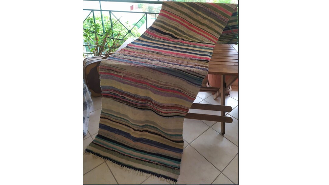 Long Authentic Greek Faded Chindi Rug Stripped Hand Woven Loom Rug ...