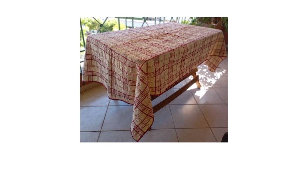 Antique Greek Woven Wool Tablecloth Handmade Check Red Beige Vintage ...