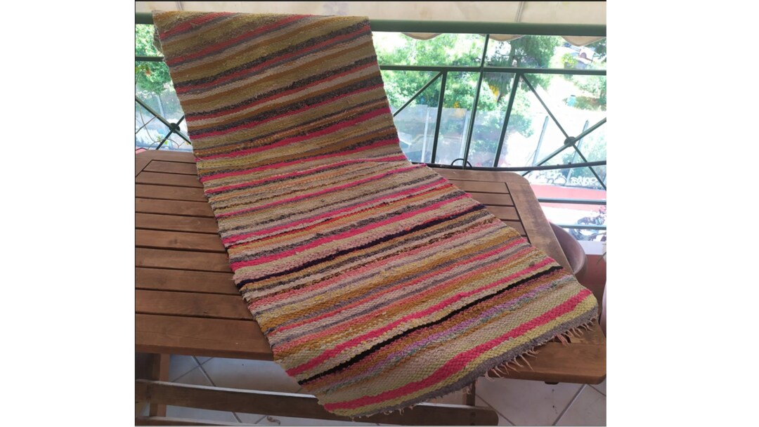 Authentic Greek Faded Chindi Rug Runner Stripped Woven Loom Rug Vintage ...