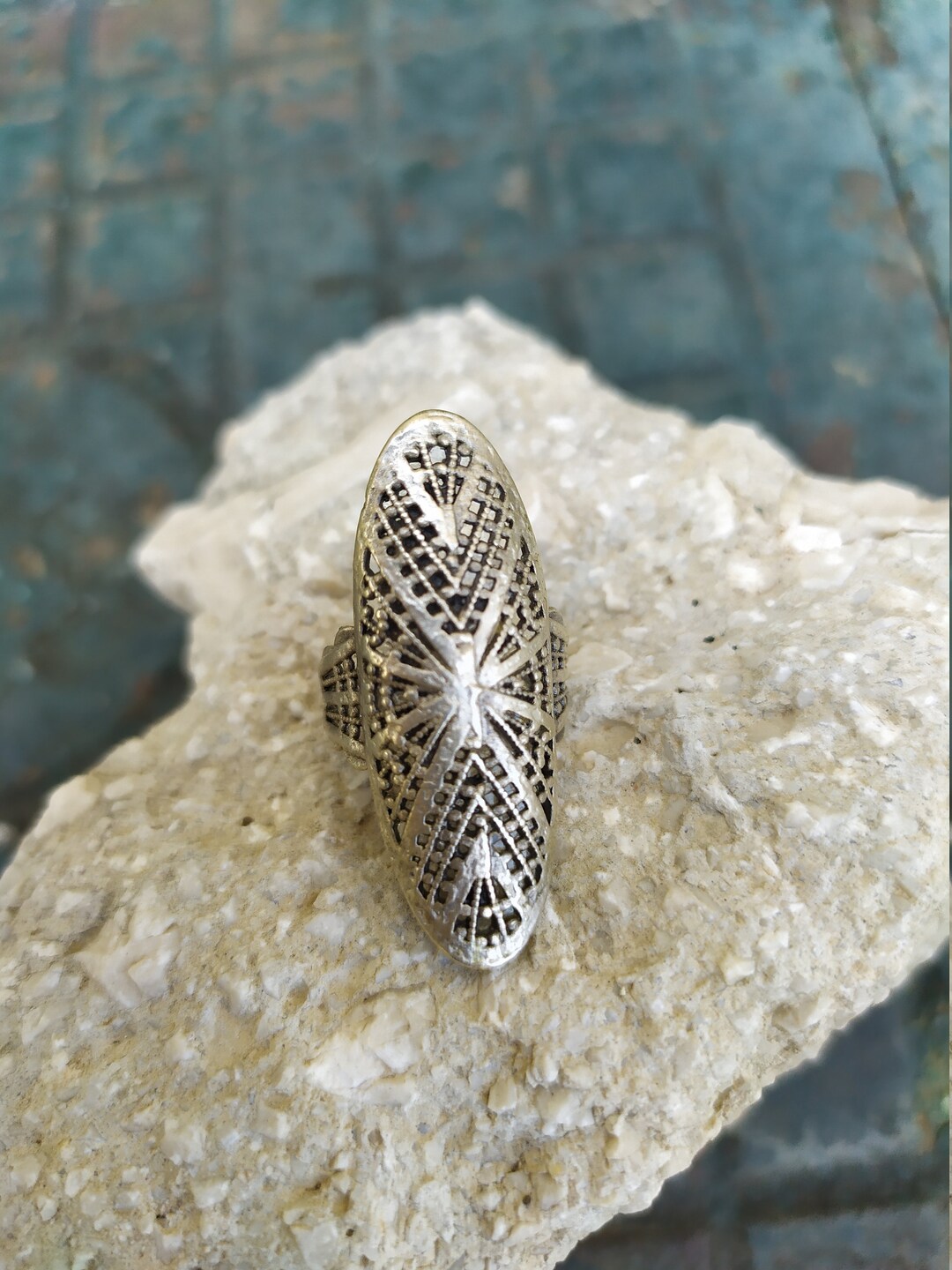 Vertical Gothic Alpaca Ring With Holes Geometric Adjustable Ring for ...