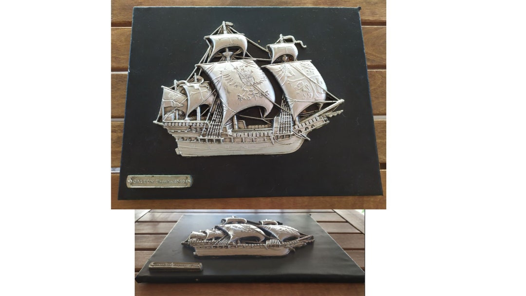 Vintage Spanish Galeon Espana Wall Plaque - Leather & White Metal Decor ...