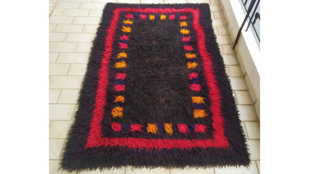 Old Greek 50's Black Red Orange Hand Woven on Loom Flokati Woolen Area ...