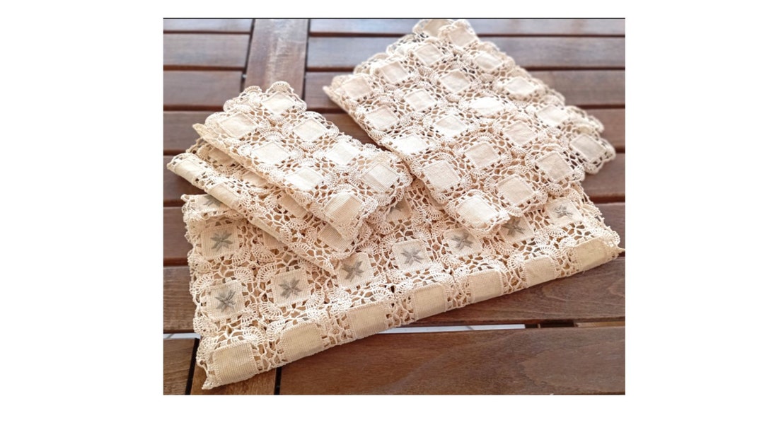 4 Pieces Greek Crochet Vintage Cotton Tablecloths 4 Handmade Pieces ...