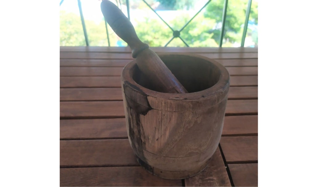 Rustic Mortar With Pestle Wooden From Olive Wood Vintage Used From 70's ...