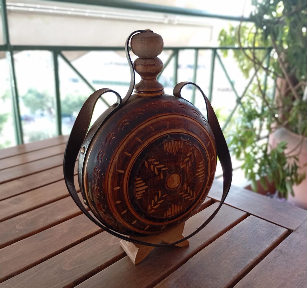 Greek Vintage Hand Carved Wooden Flask From Wood and Strap Leather Wall ...
