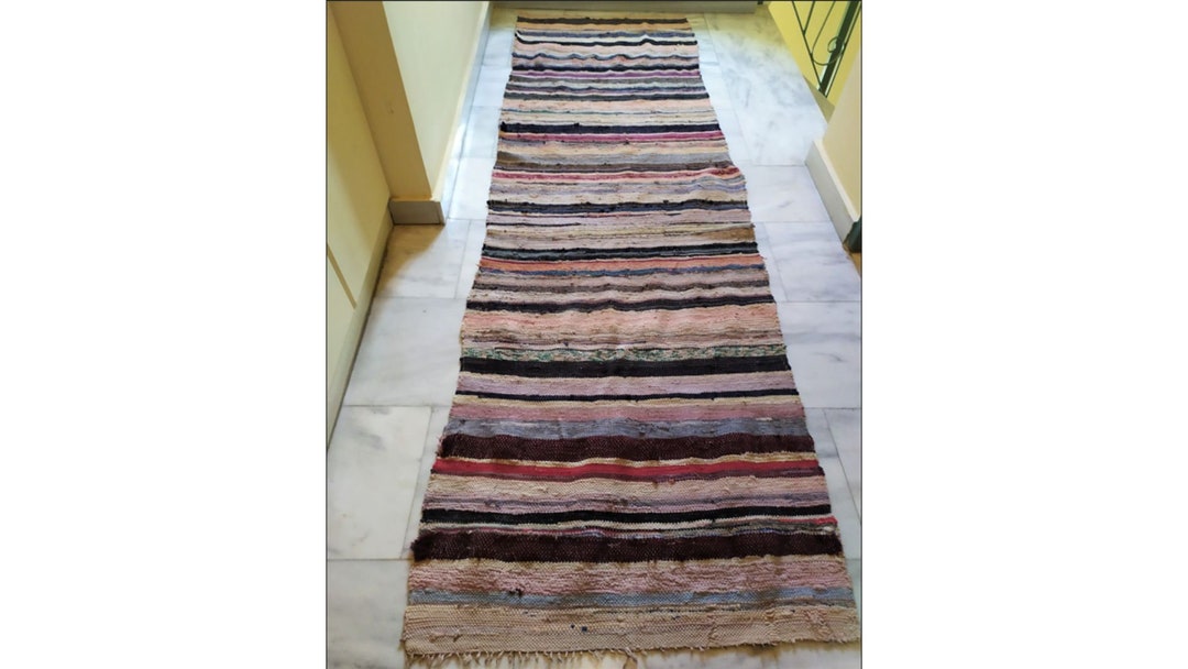 Greek Faded Chindi Rug Stripped Hand Woven Loom Rug Vintage 70s Rag Rug ...