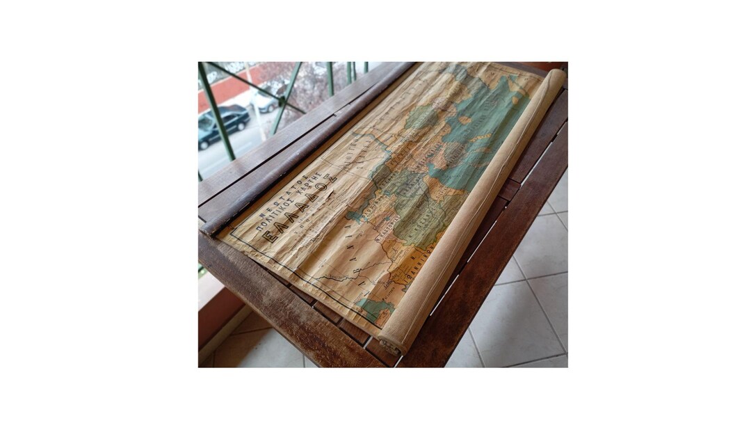 50's Greek Map Depicts Greece in Greek Language With Wooden and Cotton ...