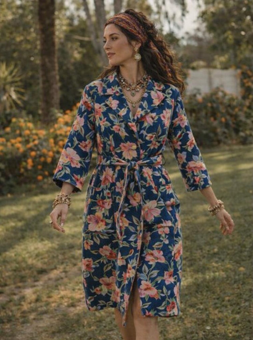 Greek 1960s Floral House Dress Robe – Red Blue Beige Green – Handmade ...