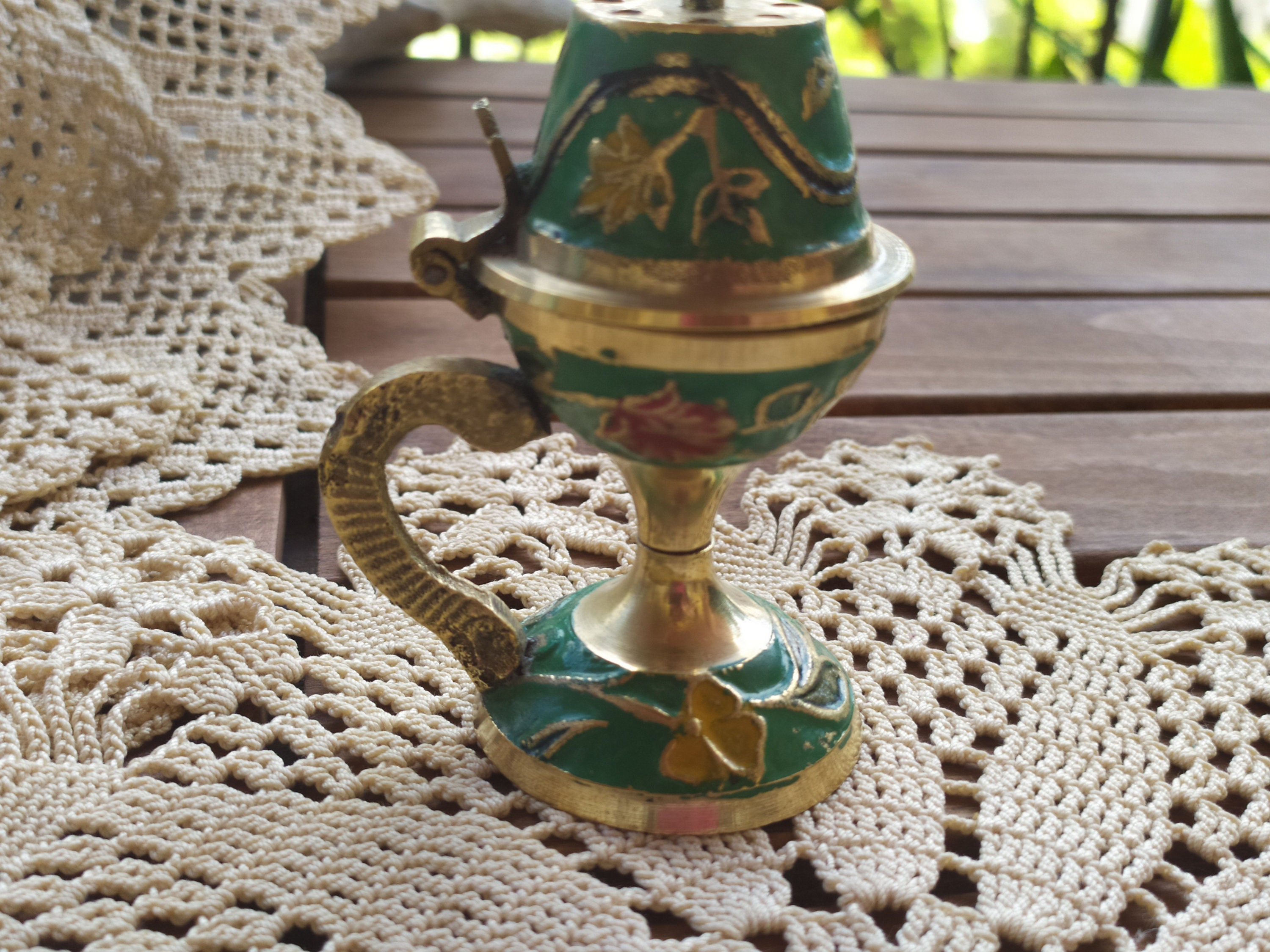 Tiny Thurible Incense Censer With Handle Green Gold Enameled | Etsy