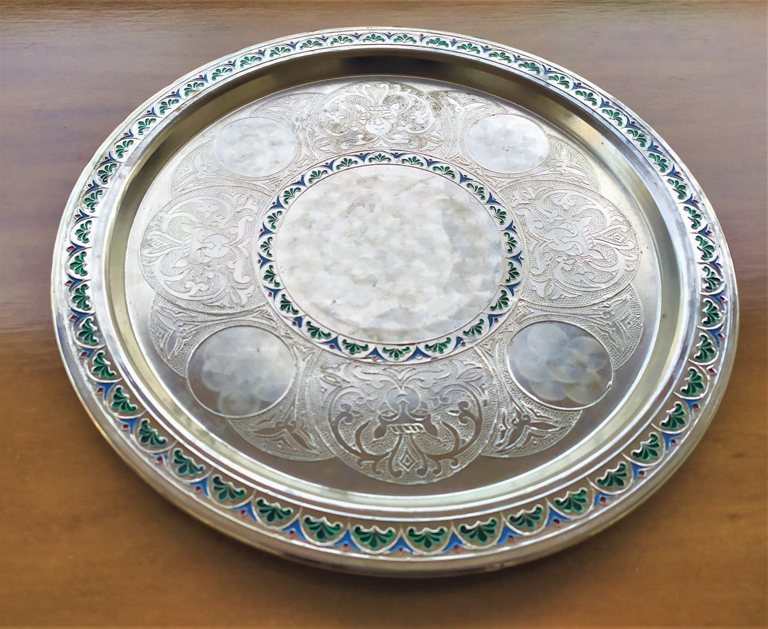 Vintage 70s Greek Enameled Silver Tray Large Round Serving Decor ...
