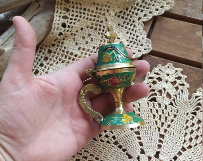 Tiny Thurible Incense Censer With Handle Green Gold Enameled Parfume ...