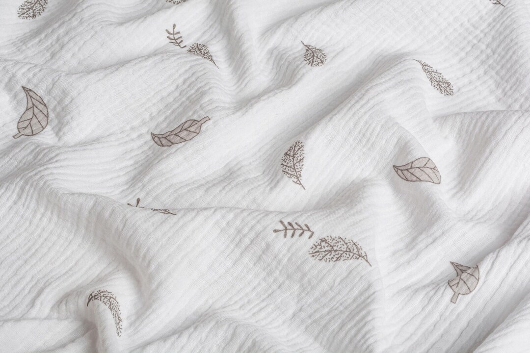 Double Gauze Cotton Muslin Fabric Leaves Fall on White Cotton Fabric ...