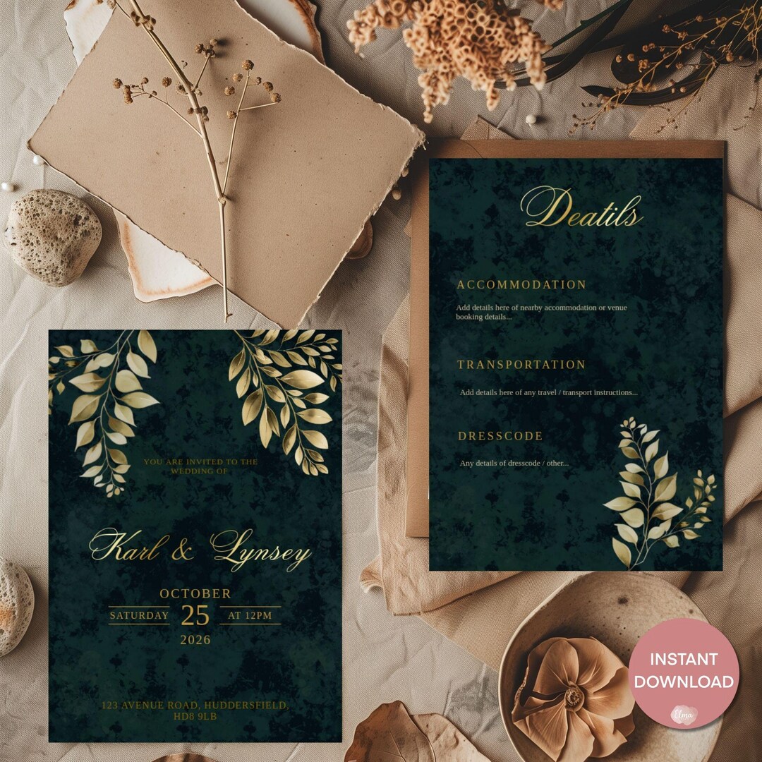 Emerald & Gold Wedding Invitation Template | Instant Download | Custom ...