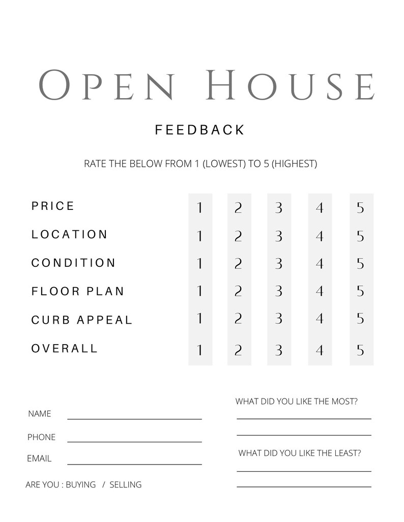 Open House Feedback Form Sheet Template | Real Estate Marketing ...