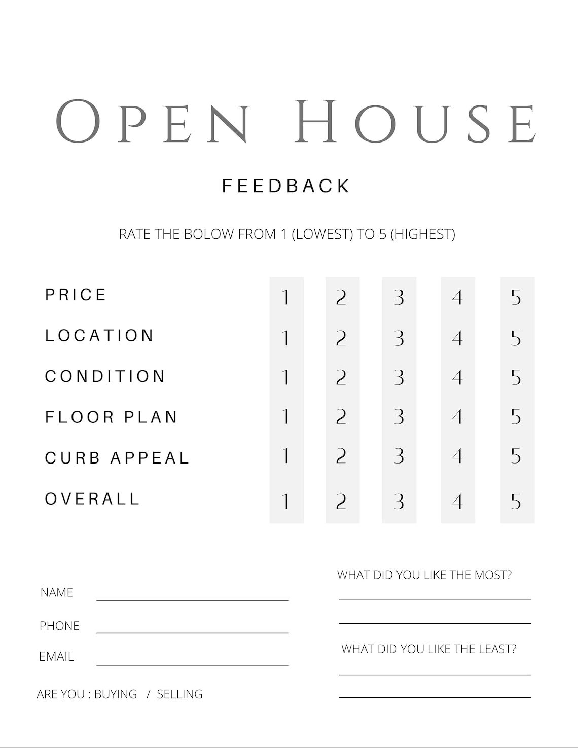 Open House Feedback Form Sheet Template Real Estate | Etsy