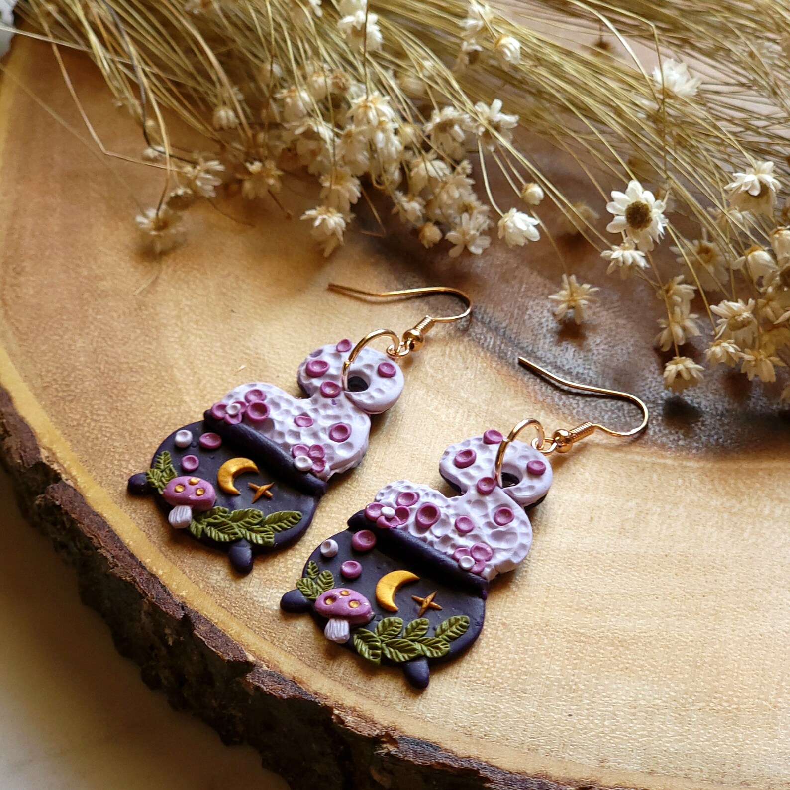 Polymer Clay Mushroom Flowers Moon Cauldron Earrings | Dark Cottagecore ...