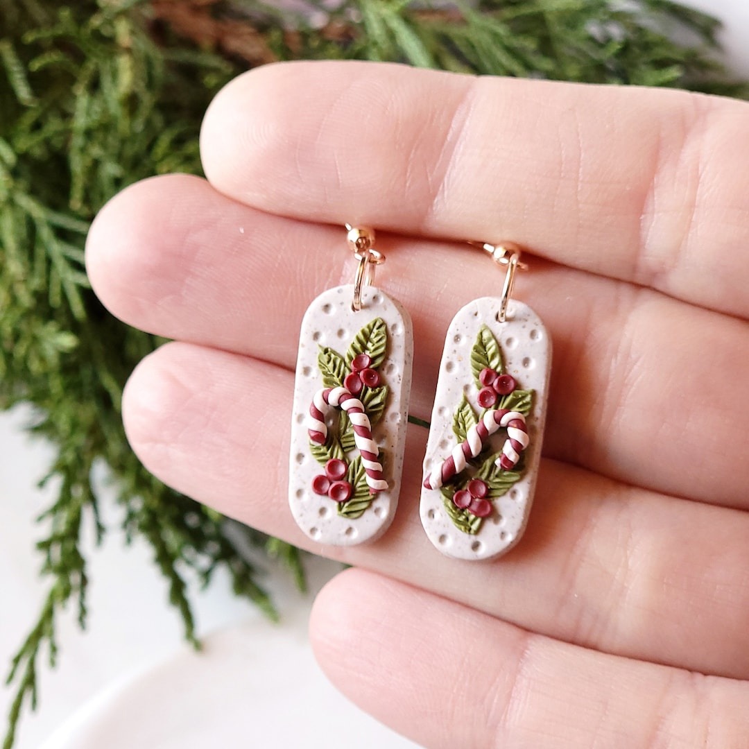 Winter Candy Cane Holly Leaf Christmas Dangle Clay Earrings Festive ...