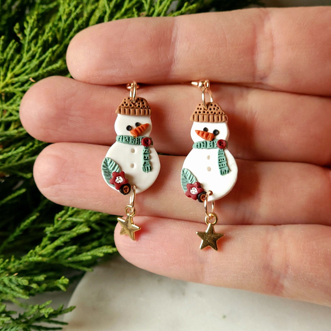 Festive Holiday Gold Star Snowman Clay Earrings, Handmade Snow & Winter ...