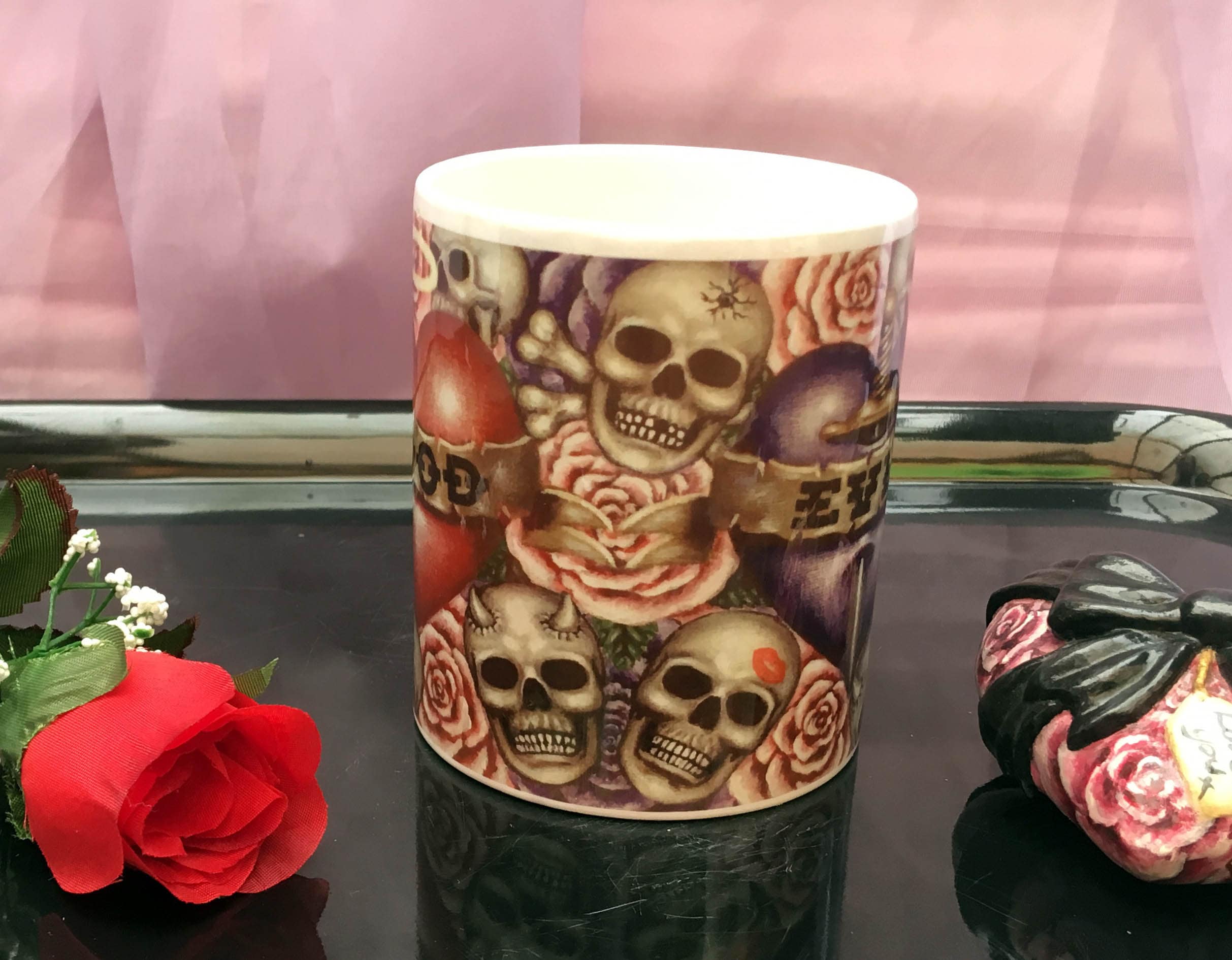 Good & Evil Skull Heart Rose Tattoo Tea Coffee Mug, Gothic, Burlesque ...