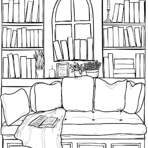 Bookshelf Reading Tracker Coloring Page: Cozy Window Scene (digital ...