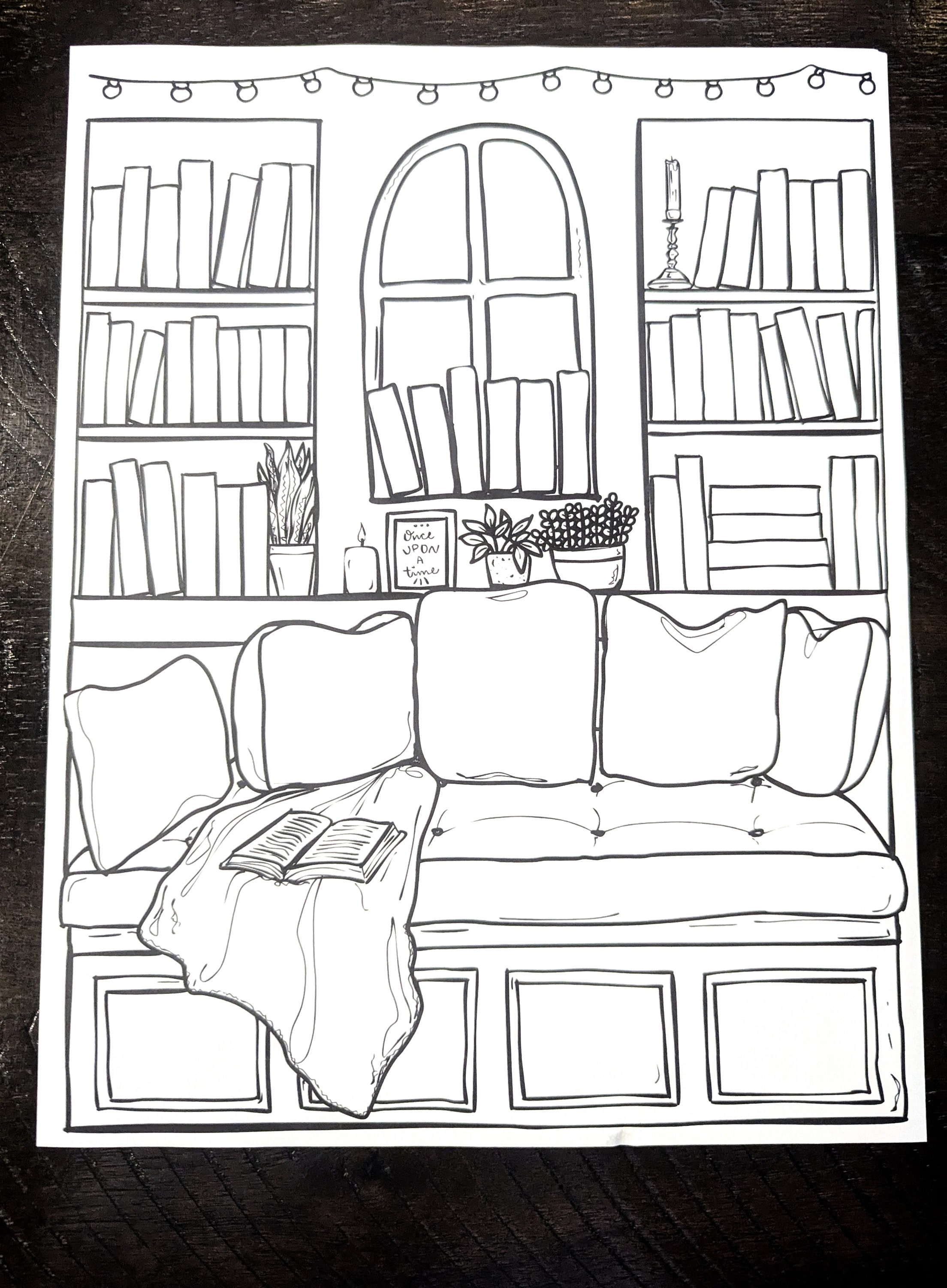 Bookshelf Reading Tracker Coloring Page: Cozy Window Scene (digital ...