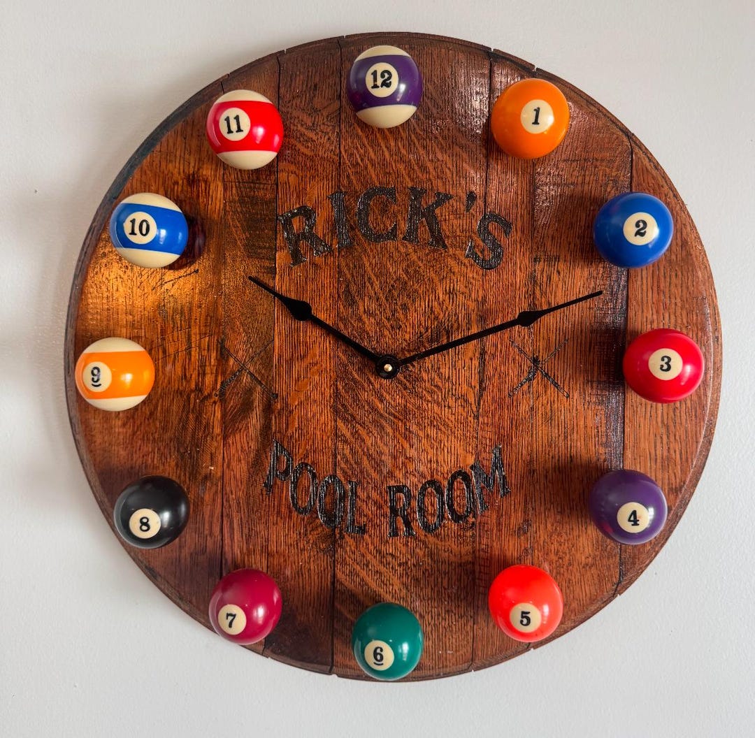 Rustic Pool Ball Clock Bourbon Barrel Lid Wall Clock Billiards Decor ...