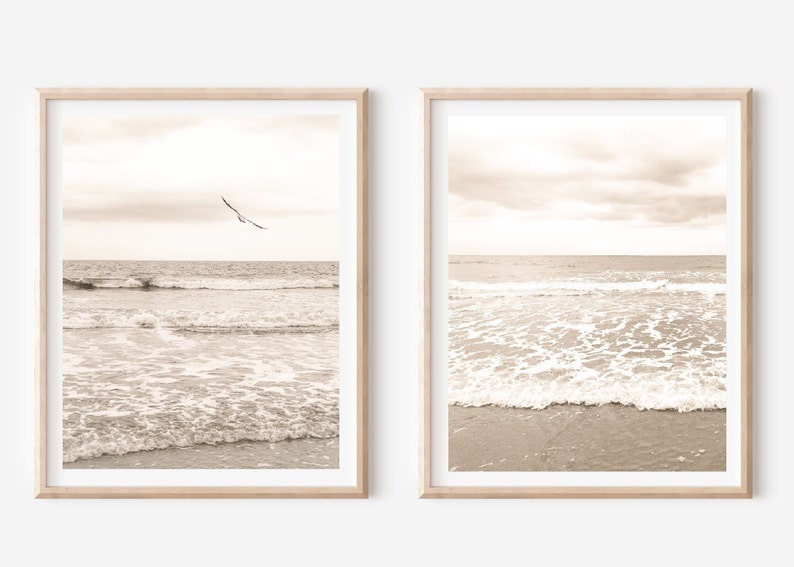 Sepia Beach Photo Prints, Set of 2, Neutral Coastal Waves, Boho Beach ...