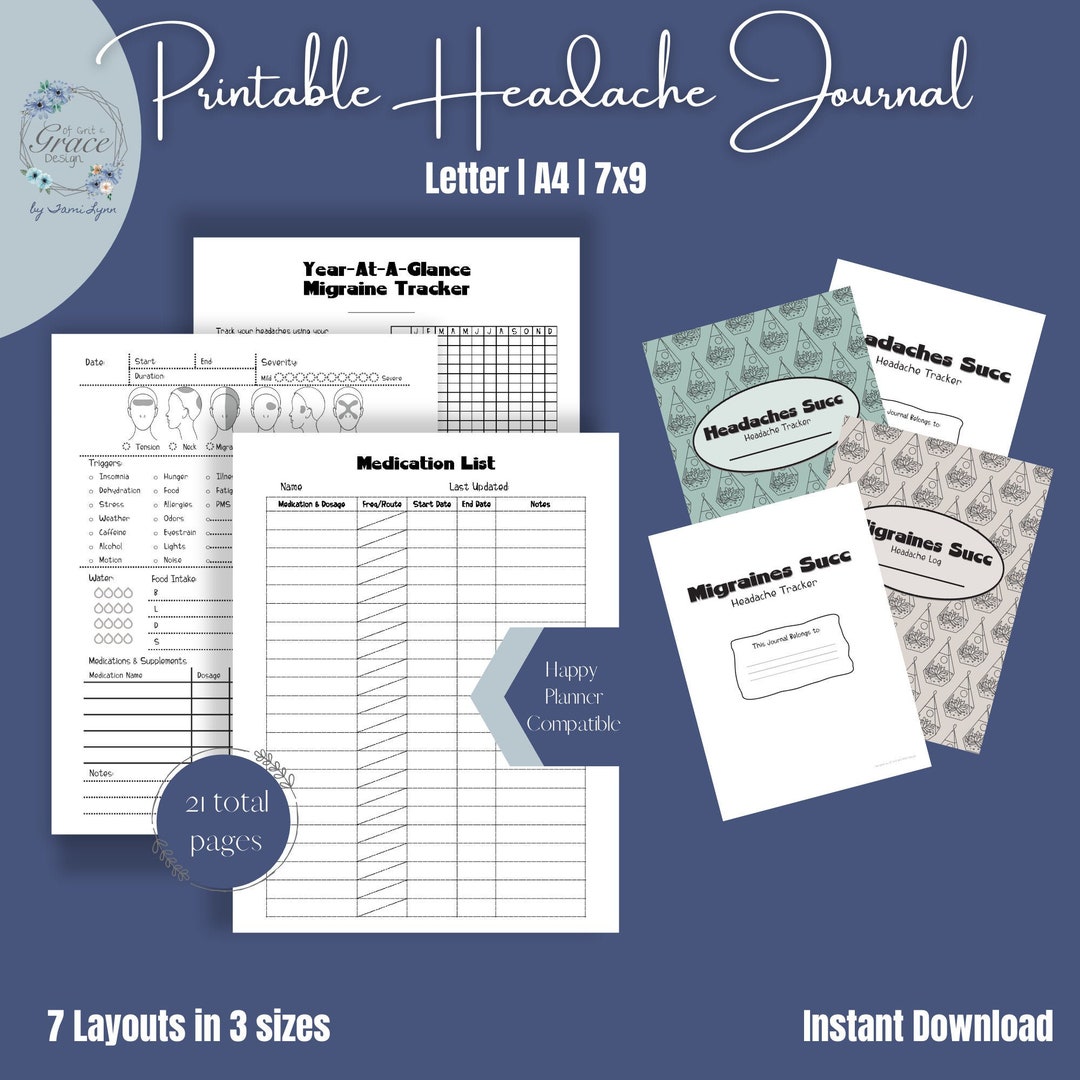 Printable Migraine Journal | Headache Symptom Log | Health and Wellness ...