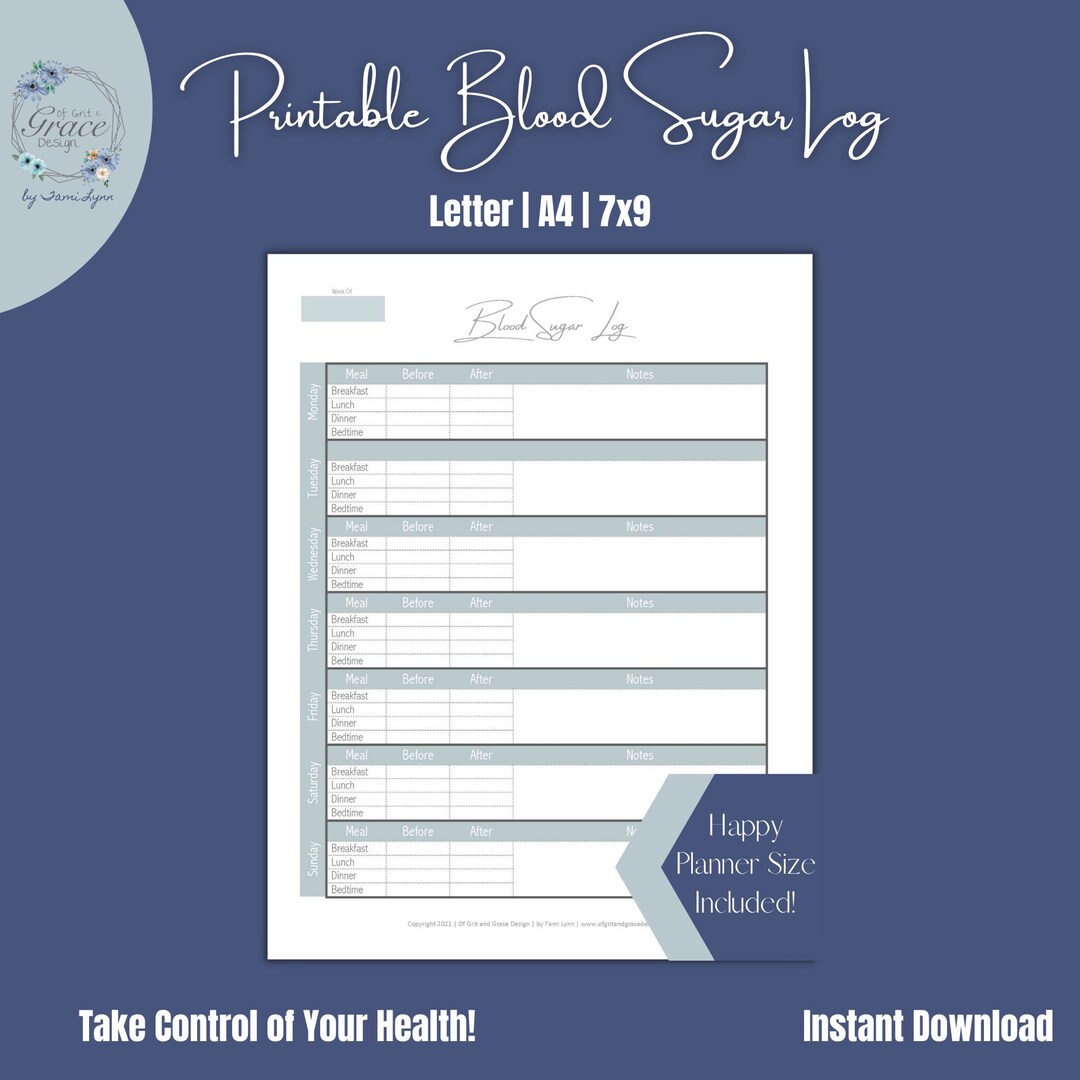 Printable Blood Sugar Tracker, Glucose Log, Diabetes Management Tool ...