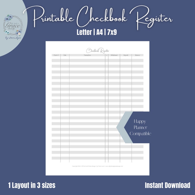 Printable Checkbook Register Financial Planner Budget Tracker Standard ...