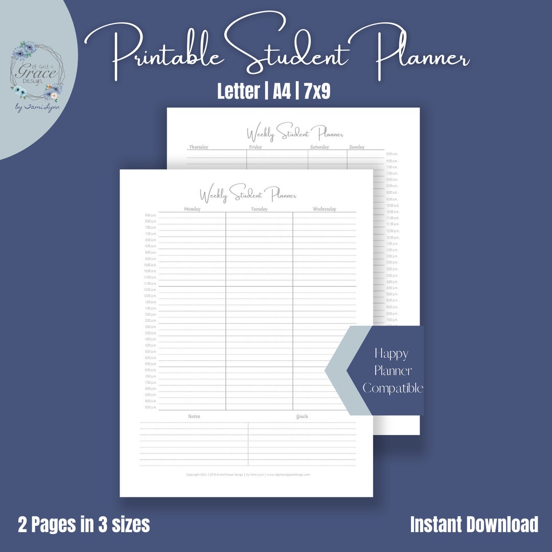 Printable Undated Weekly Student Planner Academic Organizer Timed ...
