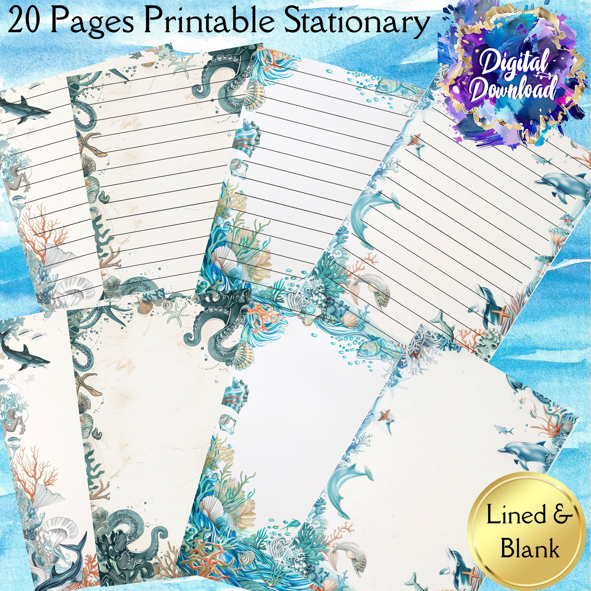Digital Download of 20 Unique Ocean Stationery Pages With Dolphins ...