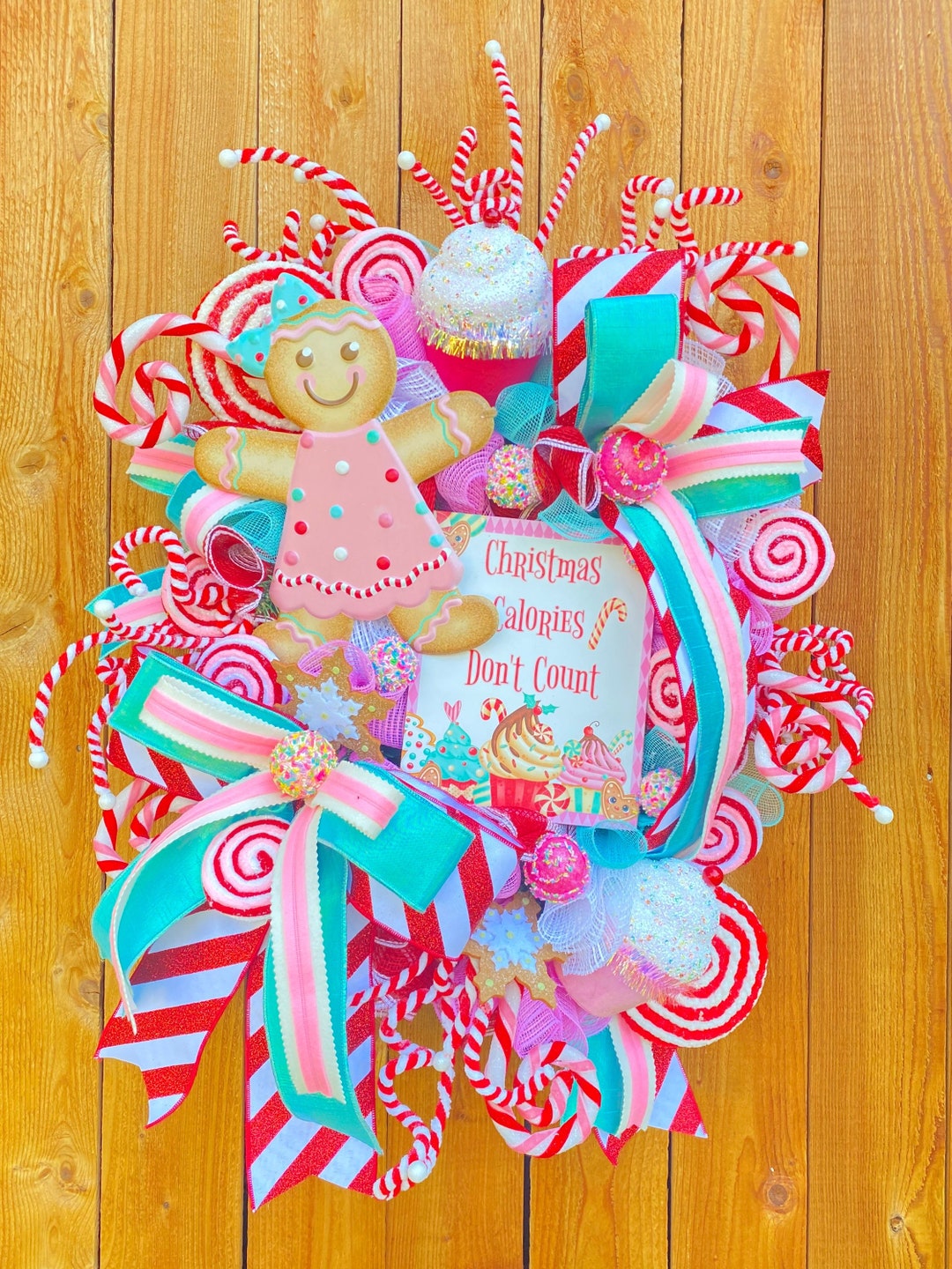 Christmas Holiday Pink Gingerbread Wreath for Front Door, Christmas ...