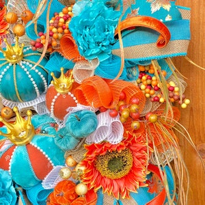 Fall Orange and Turquoise Pumpkins With Gold Crowns Outdoor Autumn ...