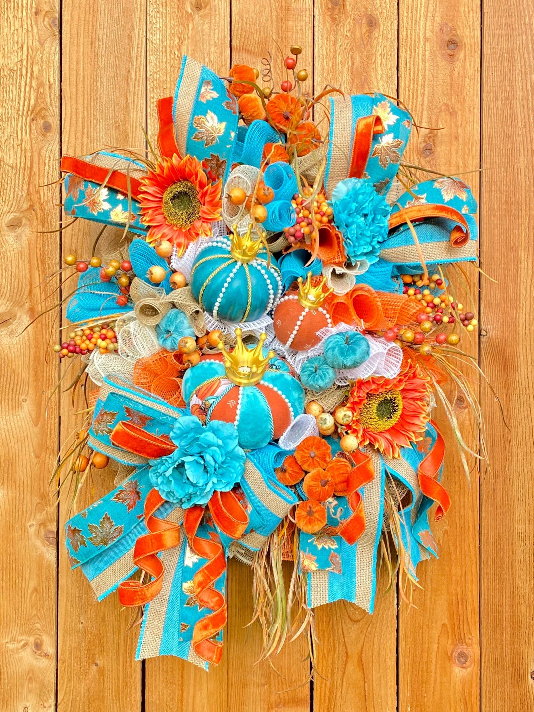 Fall Orange and Turquoise Pumpkins With Gold Crowns Outdoor Autumn ...