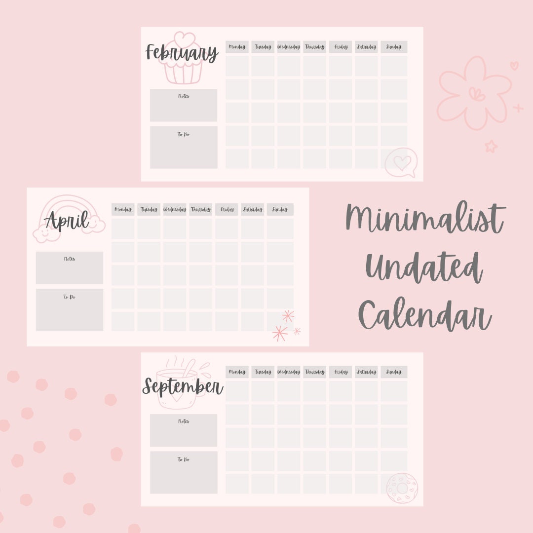 Undated Minimalist Pink Calender - Etsy