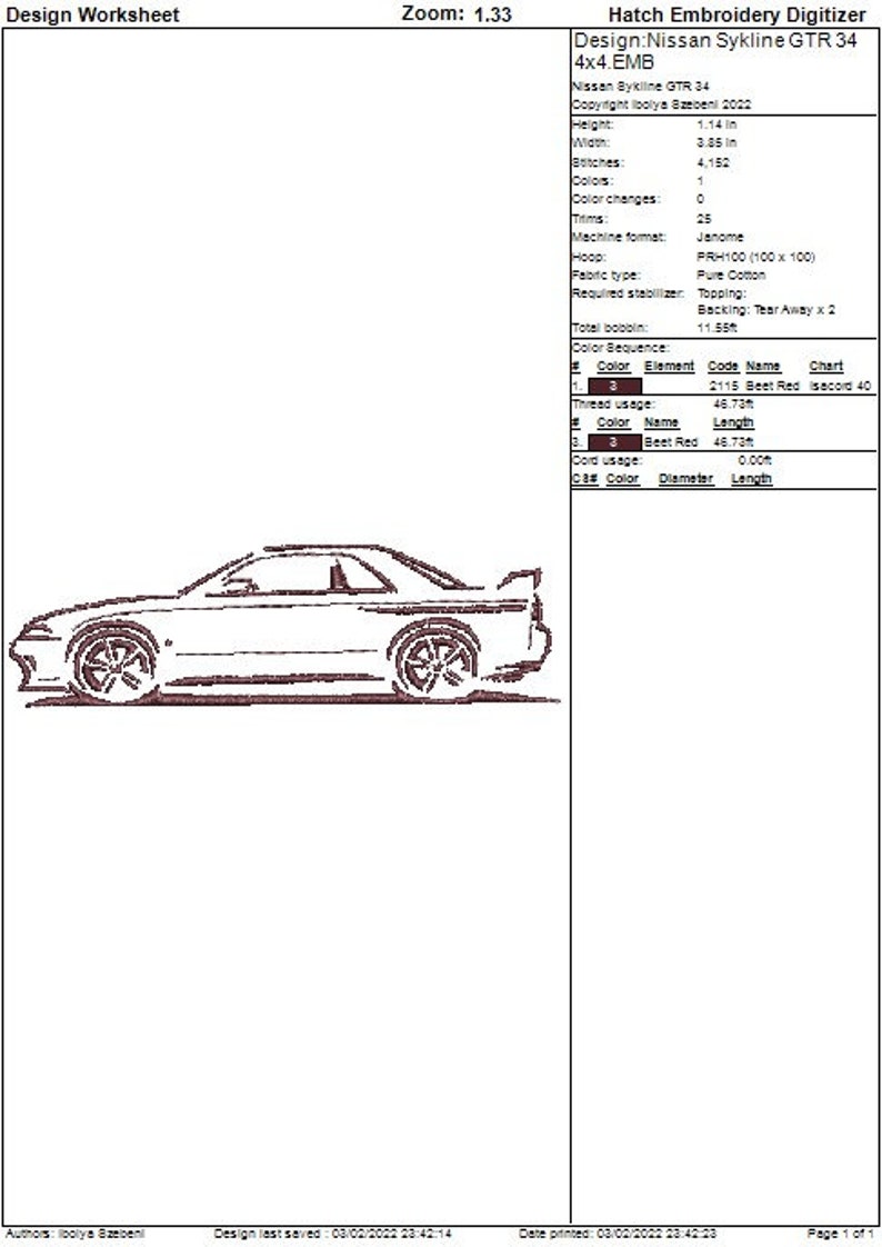 Embroidery Machine Files Nissan Sykline GTR 34 Car Embroidery Design ...