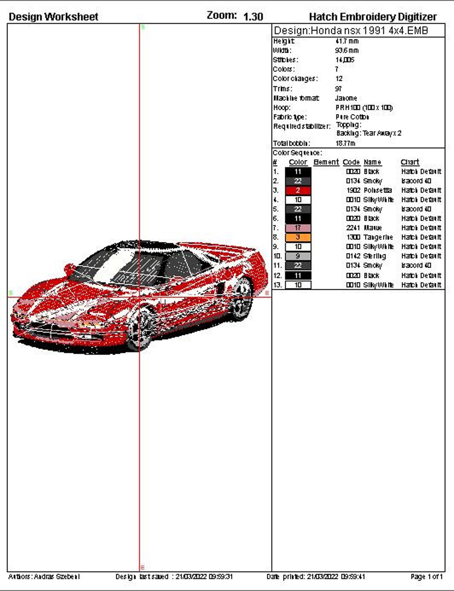 Car Embroidery Designs Honda Nsx 1991 Realistic Embroidery Machine ...